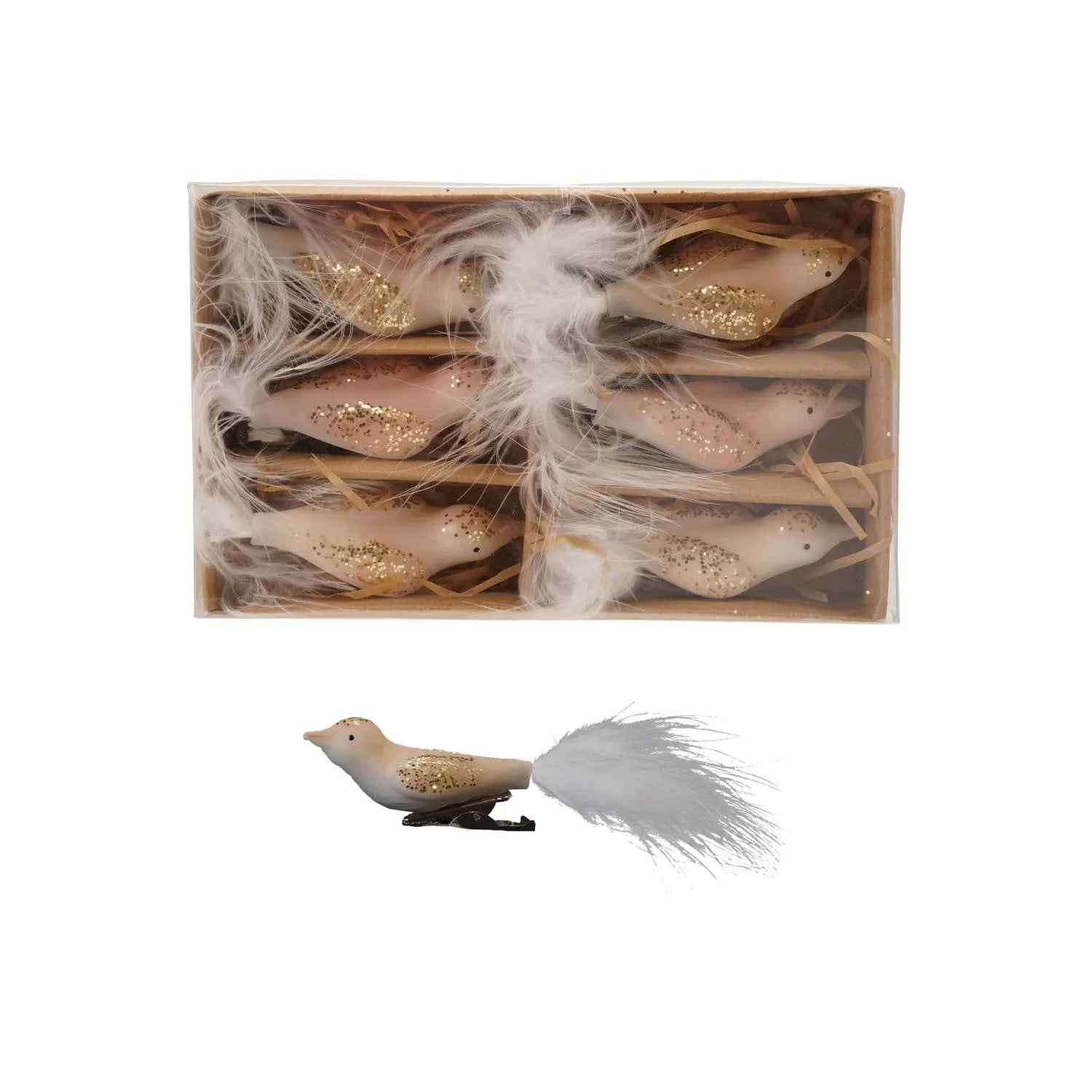 Glass & Feather Bird Clip-on Ornaments, Boxed Set of 6 - Greenhouse Home