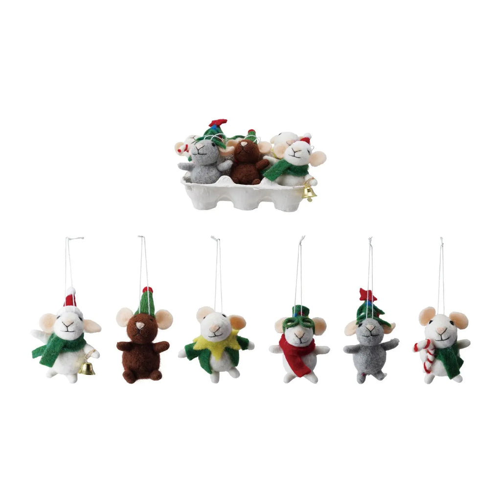 Handmade Wool Felt Mice Ornaments in Egg Crate, Set of 6 - Greenhouse Home